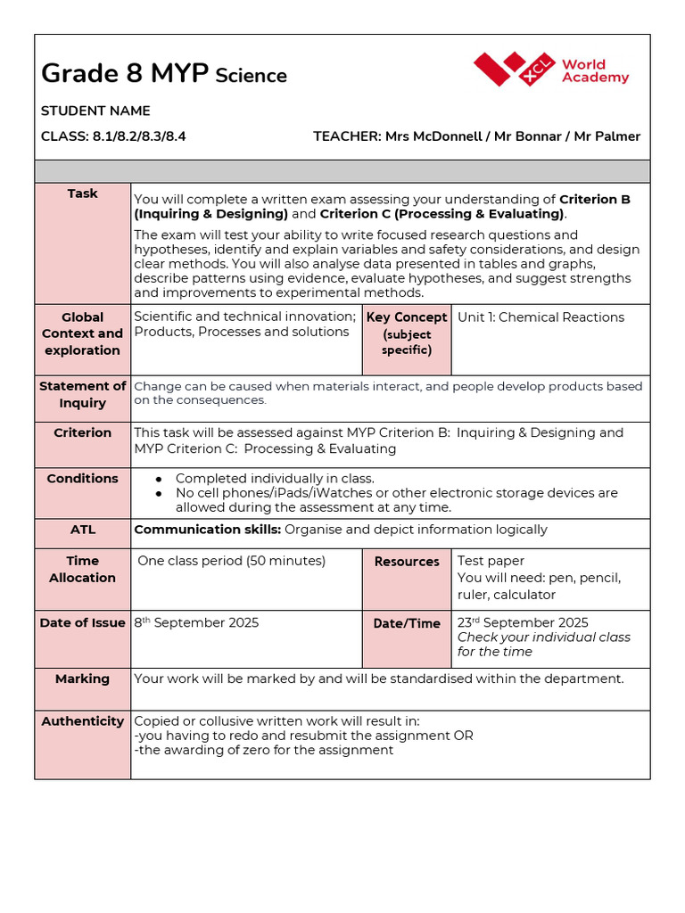 25-26 Unit 1 MYP3 Crit B-C Task Sheet | PDF | Information | Hypothesis