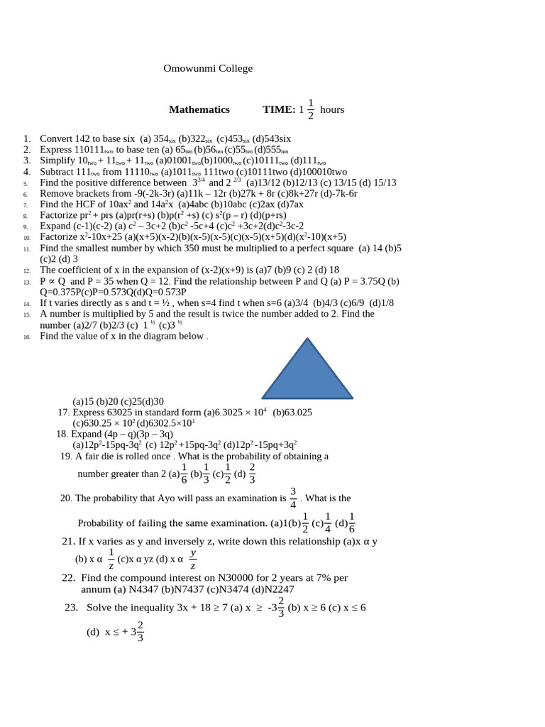 JSS3 Second Term Mathematics Exam | PDF | Elementary Mathematics ...