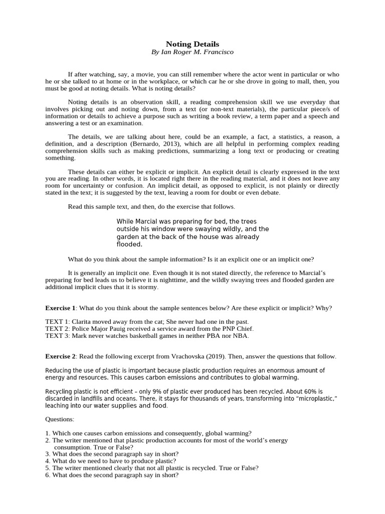 Lesson Noting Details and Sequencing of Ideas | PDF | Photovoltaic ...