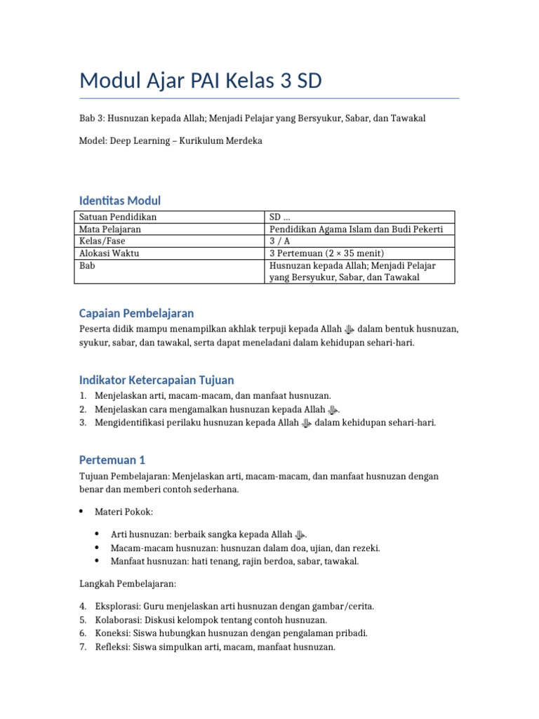 Modul Ajar PAI Kelas3 Husnuzan Dengan LKPD | PDF