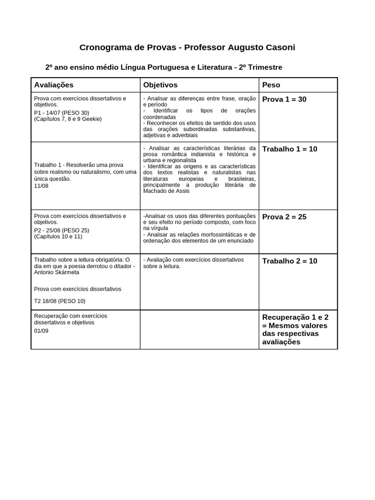 Cronograma de Provas 2º Ano Português | PDF | Realismo (artes ...