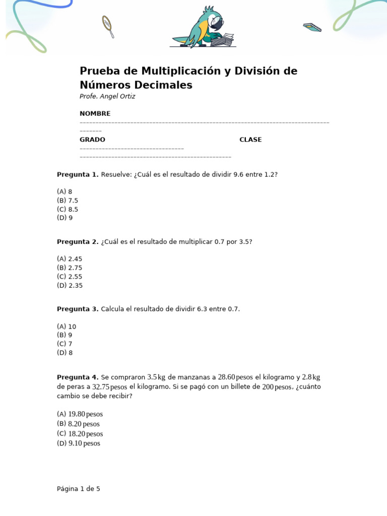 Ejercicios de Multiplicación y División Decimal | PDF | Matemática ...