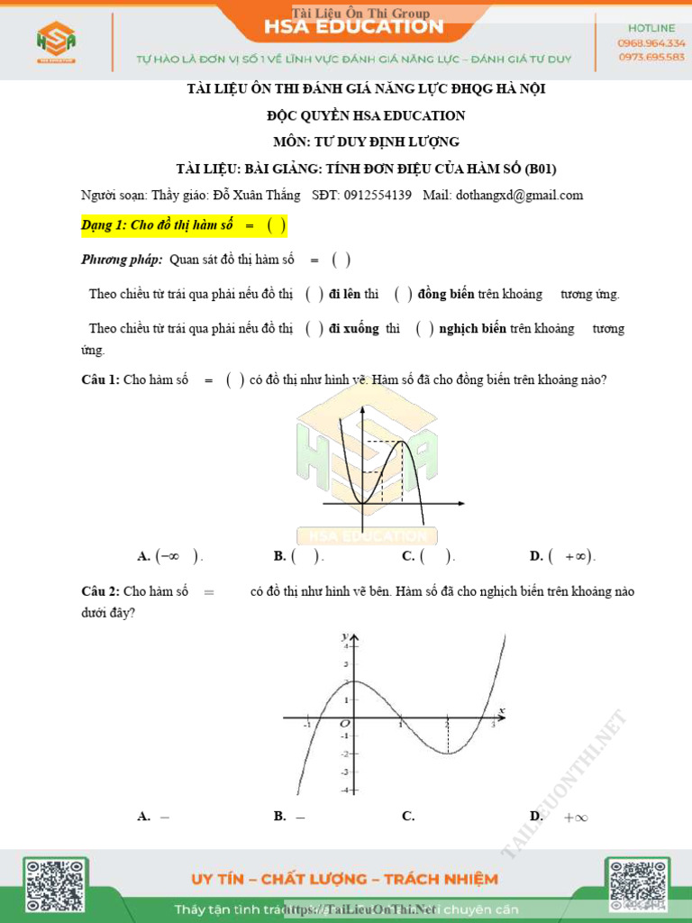 b01. Pt02. Hsa. 2k8. Toán Đại 12 (Thầy Thắng) - Lt (File Cách) - Tính Đơn Điệu Của Hàm Số | PDF