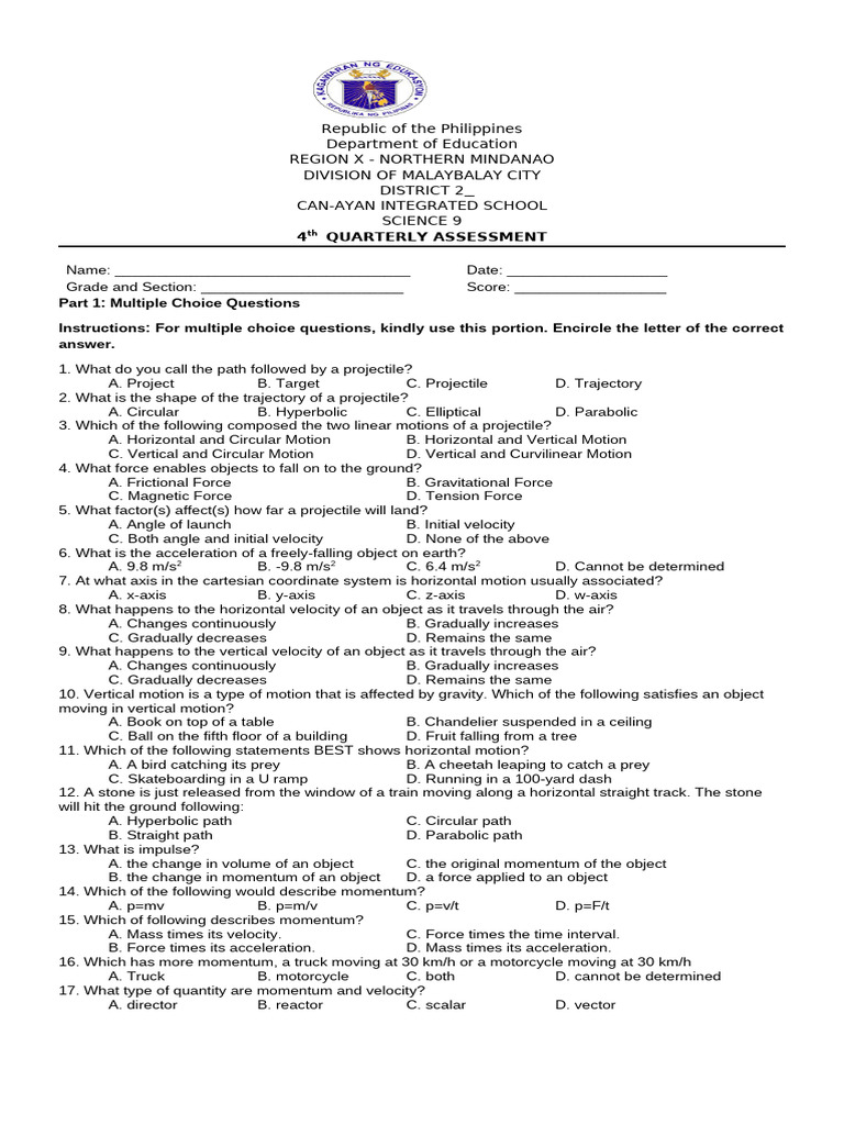 Fourth Quarter Exam To Assess The Students On Their Learning | PDF ...