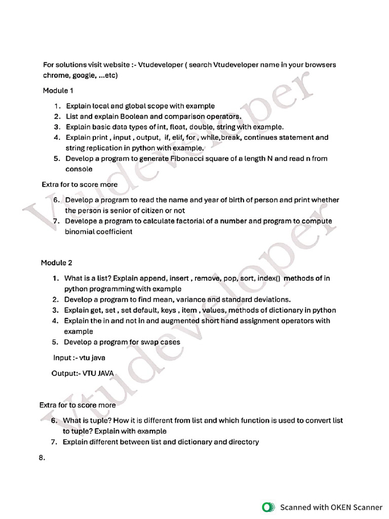 @vtudeveloper - in Intro To Python Exam Fix Questions | PDF