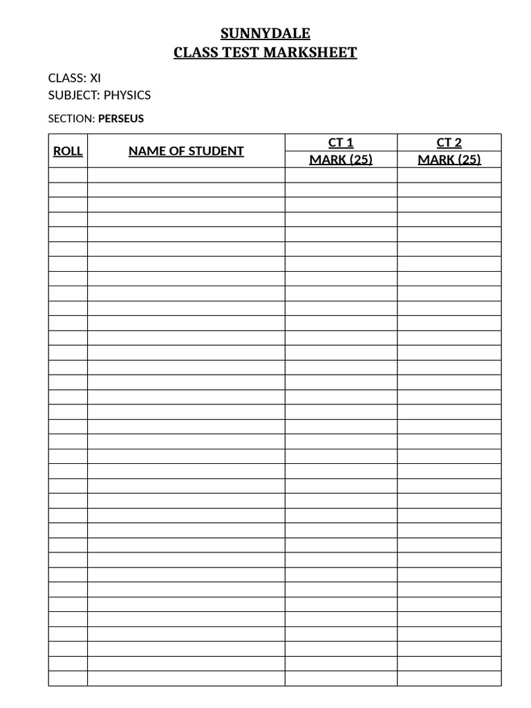 Sunnydale A Levels Test Marksheet (MJ - 2026) | PDF