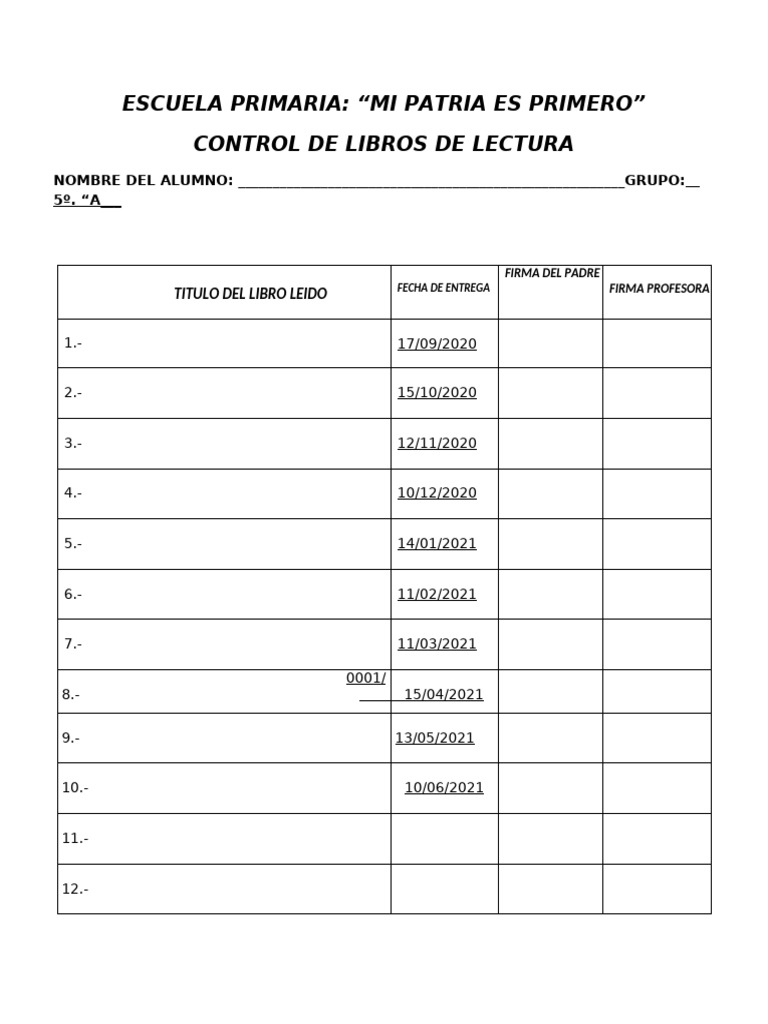 Control de Lectura 5º A "Mi Patria" | PDF