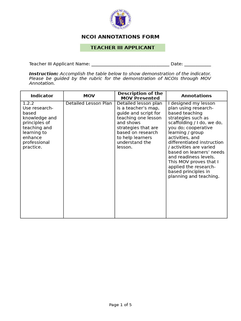 NCOI Annotations MOVS For Teacher III Applicant | PDF | Lesson Plan ...