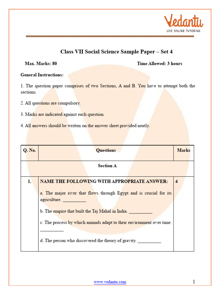 CBSE Class 7 Social Science Sample Paper Set 4 (2024-25) - Free PDF ...