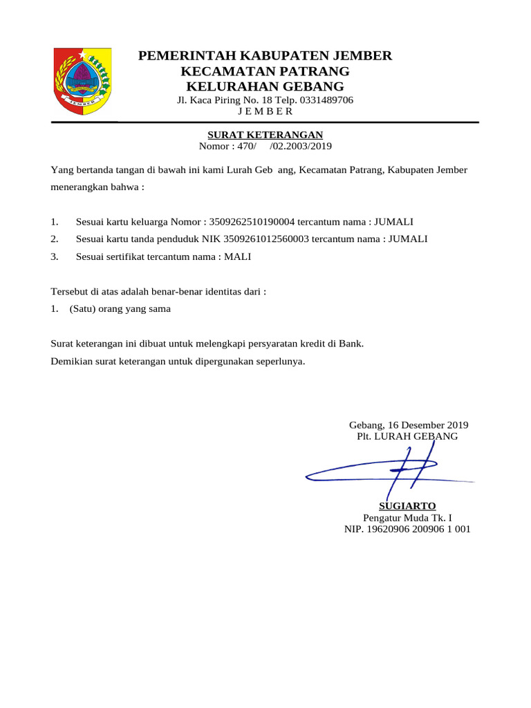 Surat Keterangan Identitas JUMALI | PDF