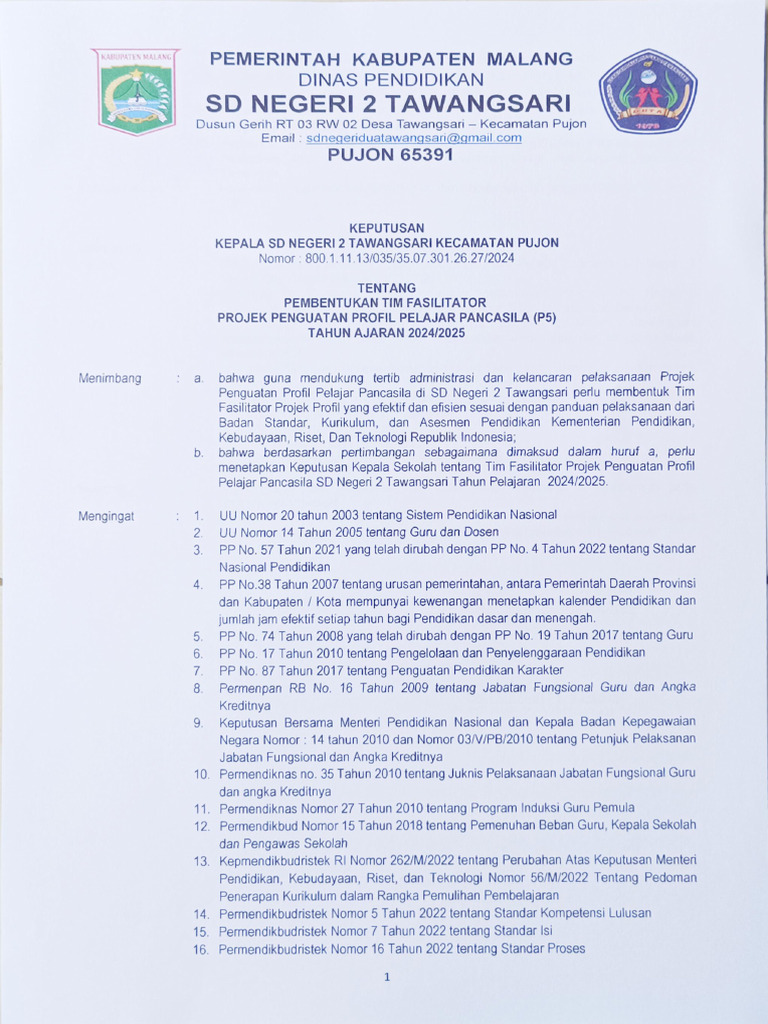 Salinan SK Tim Fasilitator p5 SDN 2 Tawangsari | PDF