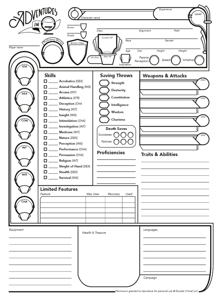 D&D 5 0 Double Critical 5E Adventures in Oz Character Sheet OEF | PDF ...