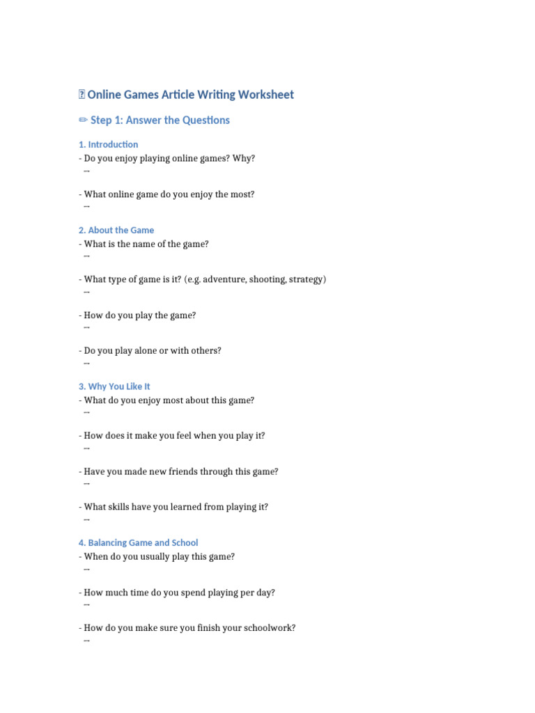 Online Games Article Writing Worksheet | PDF