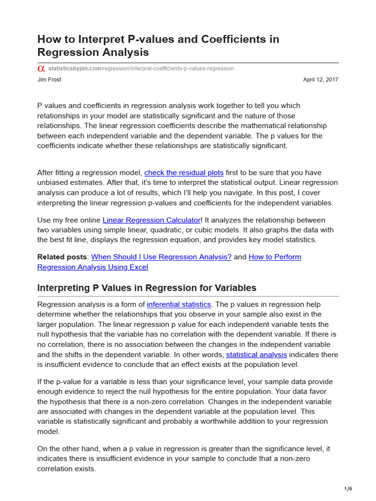 How To Interpret P-Values and Coefficients in Regression Analysis | PDF | Regression Analysis ...