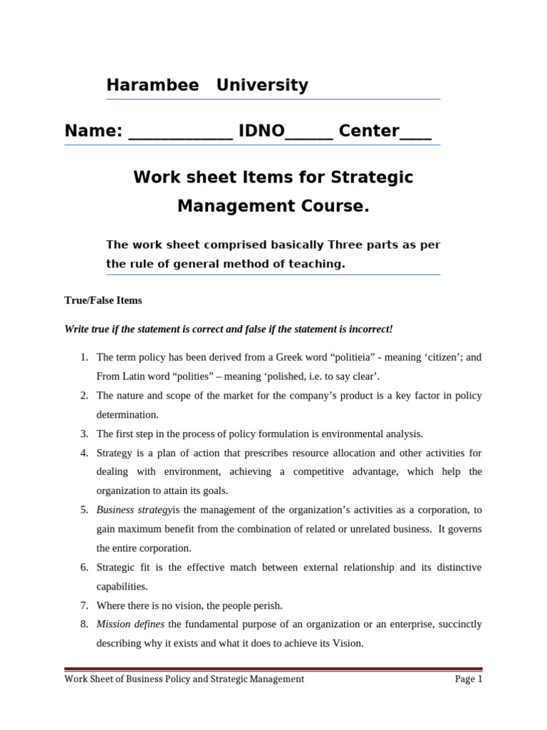 Strategic Management Work Sheet | PDF | Strategic Management | Policy