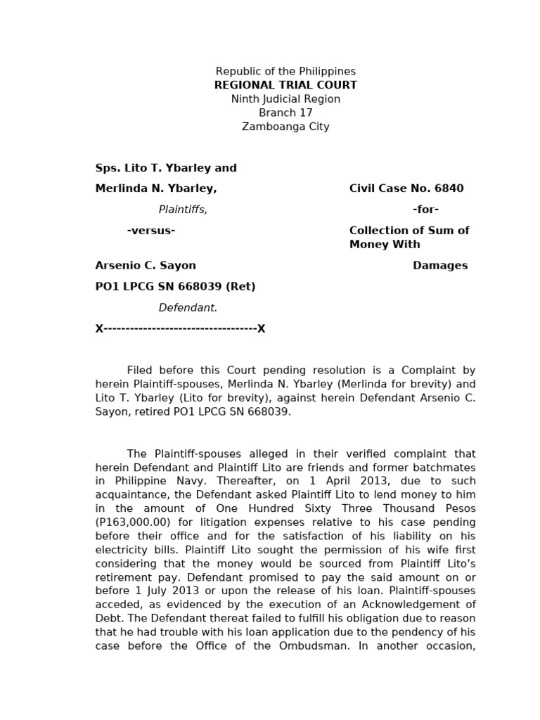 Philippines Civil Case: Debt Collection | PDF | Lawsuit | Debt