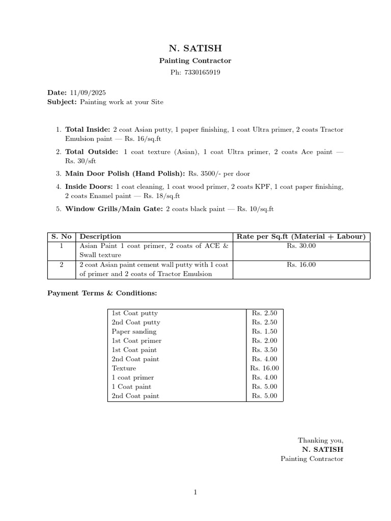 Painting Quotation Format and Rates | PDF