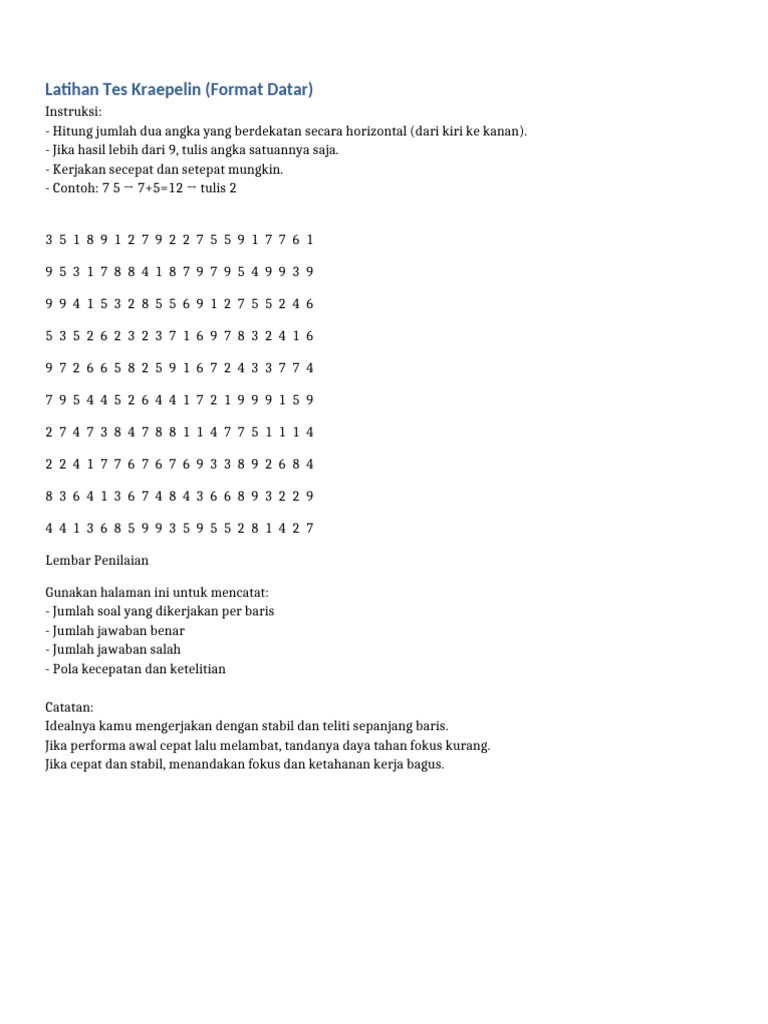 Latihan Tes Kraepelin: Hitung Angka | PDF