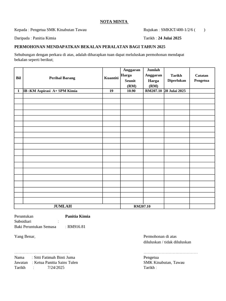 NOTA MINTA - Buku Kimia | PDF