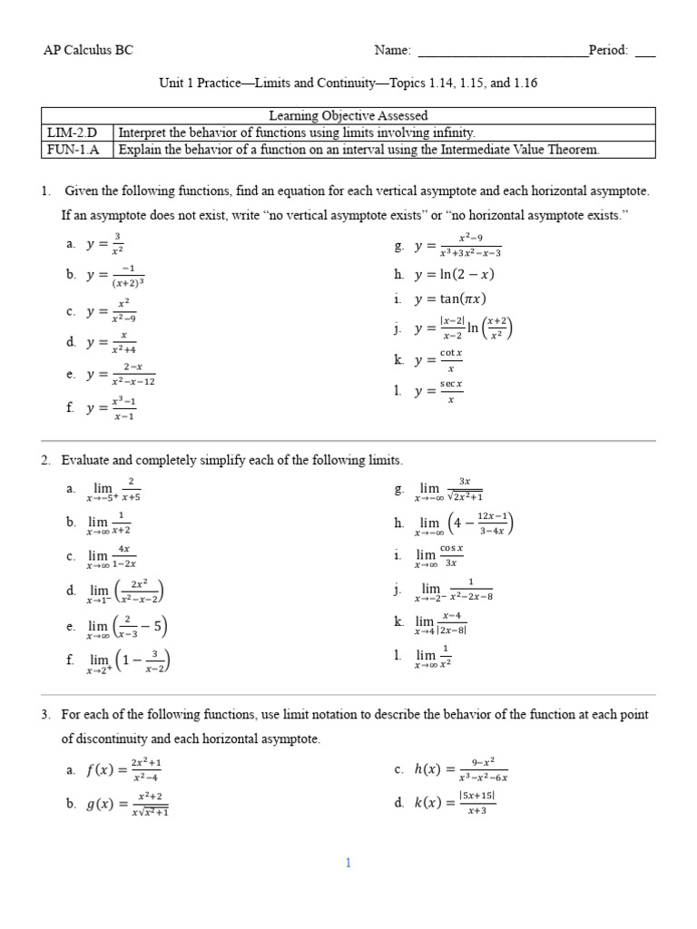 Limits and Continuity Practice | PDF | Asymptote | Function (Mathematics)