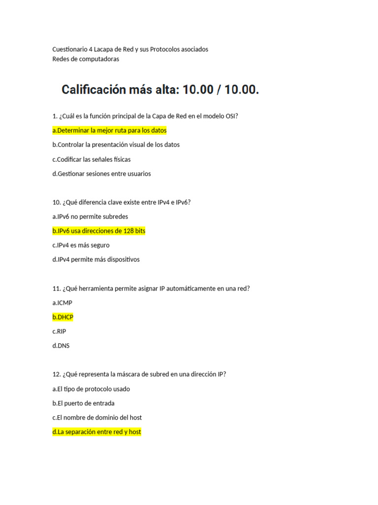 Cuestionario 4 Lacapa de Red y Sus Protocolos Asociados | PDF ...