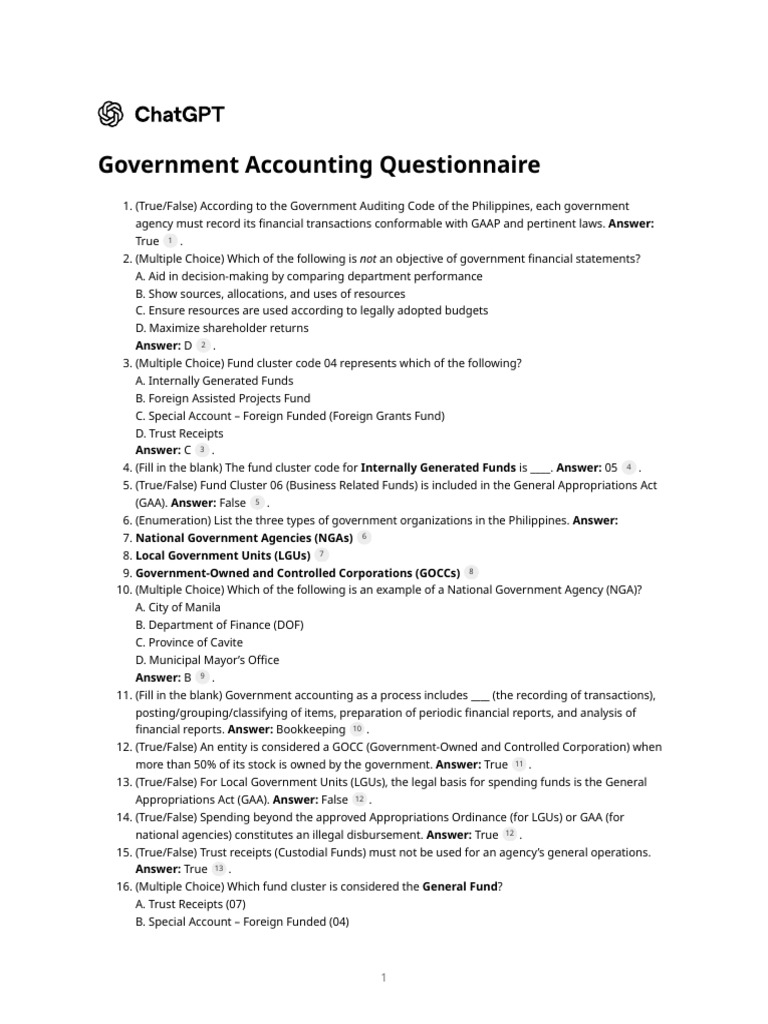 Government Accounting Questionnaire | PDF | Accounting | Bookkeeping