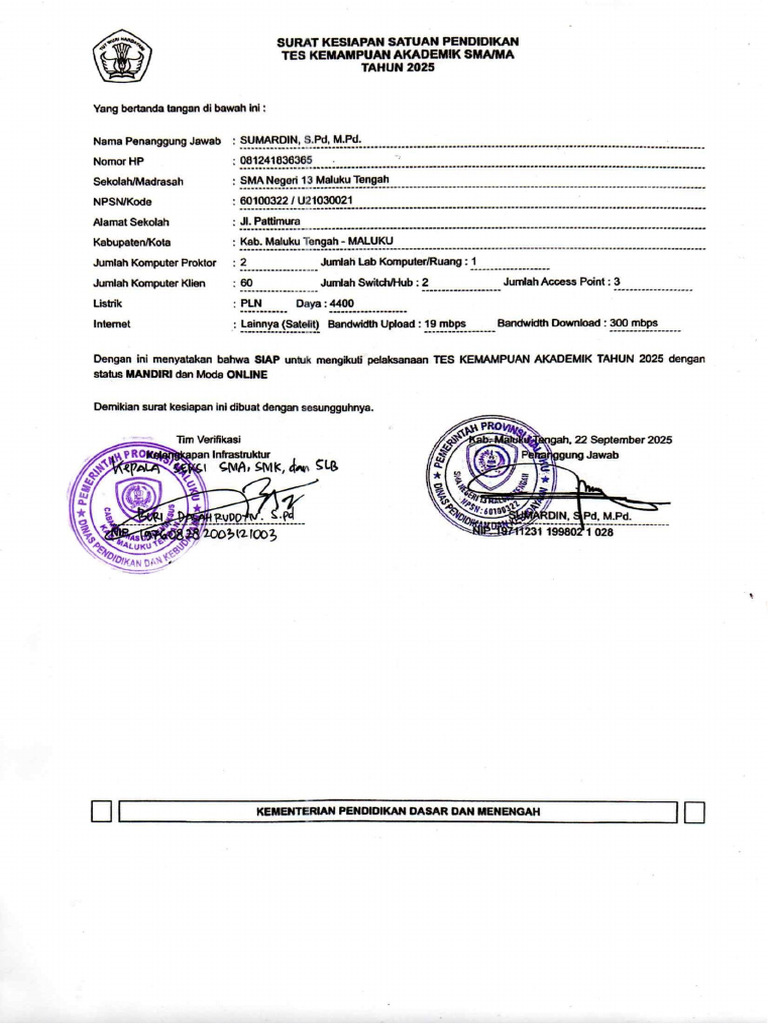 Surat Kesiapan TKA - SMAN 13 Maltleng (TTD) | PDF