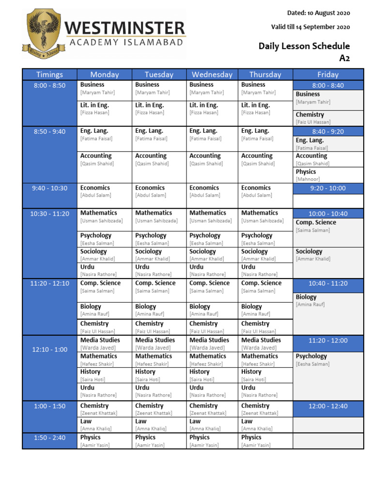 A2 Daily Lesson Schedule Aug 2020 | PDF | Science