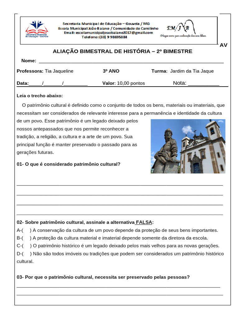 Avaliação de História e Geografia 3º Ano | PDF | Herança cultural ...