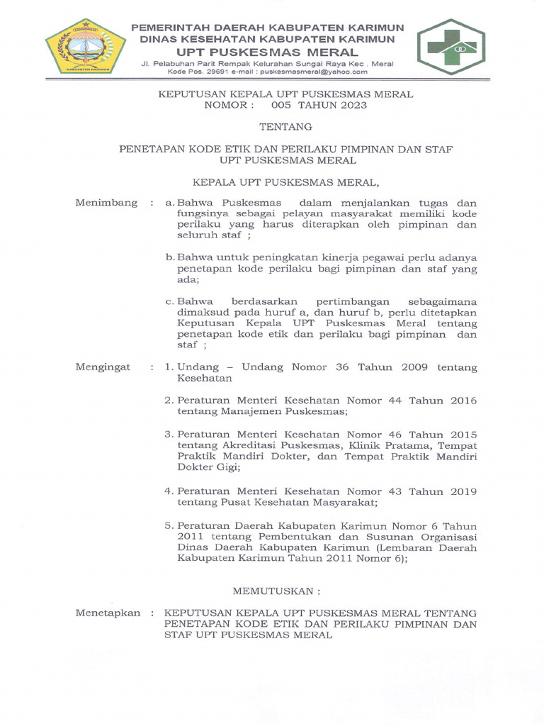 SK Penetapan Kode Etik Prilaku | PDF