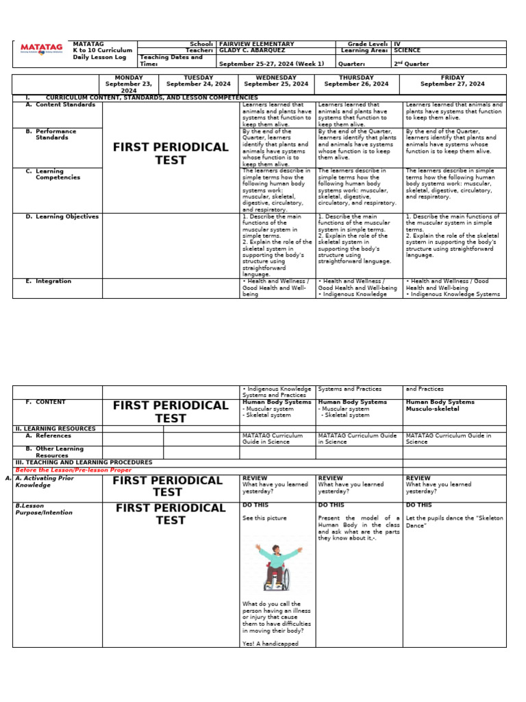 Grade IV Science Lesson Plan: Body Systems | PDF | Human ...