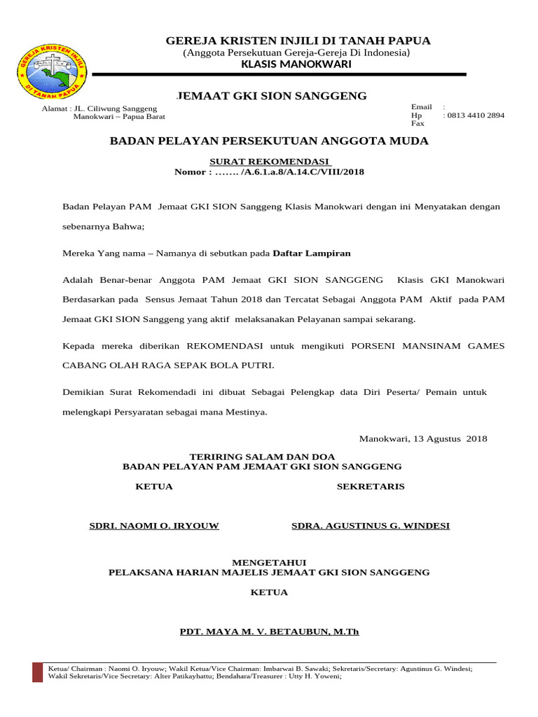 Rekomendasi Anggota PAM GKI Sion Sanggeng | PDF
