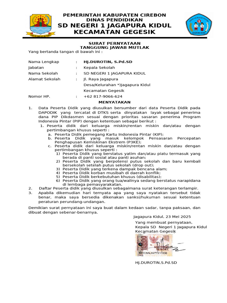 Blangko SPTJM Usulan PIP Fase 1-2025 | PDF