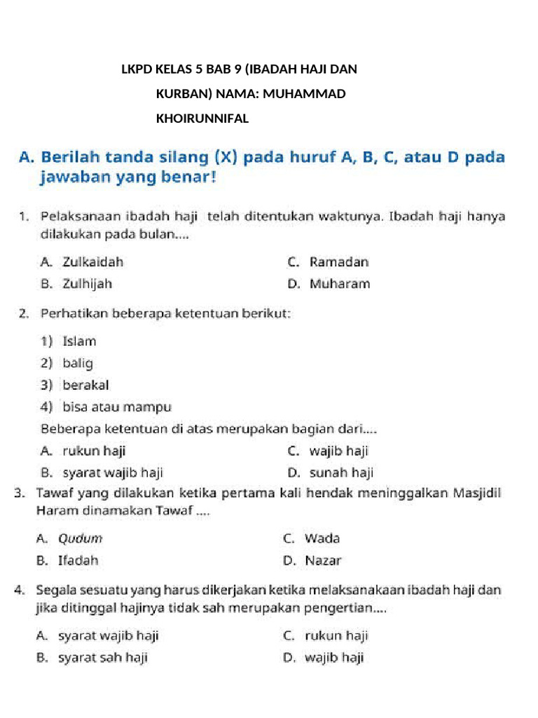 Lkpd 2023 Kelas 5 Bab 9 (Ibadah Haji Dan Kurban) | PDF