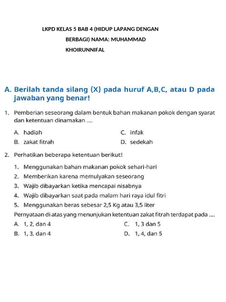 LKPD 2023 Kelas 5 Bab 4 (Hidup Lapang Dengan Berbagi) | PDF