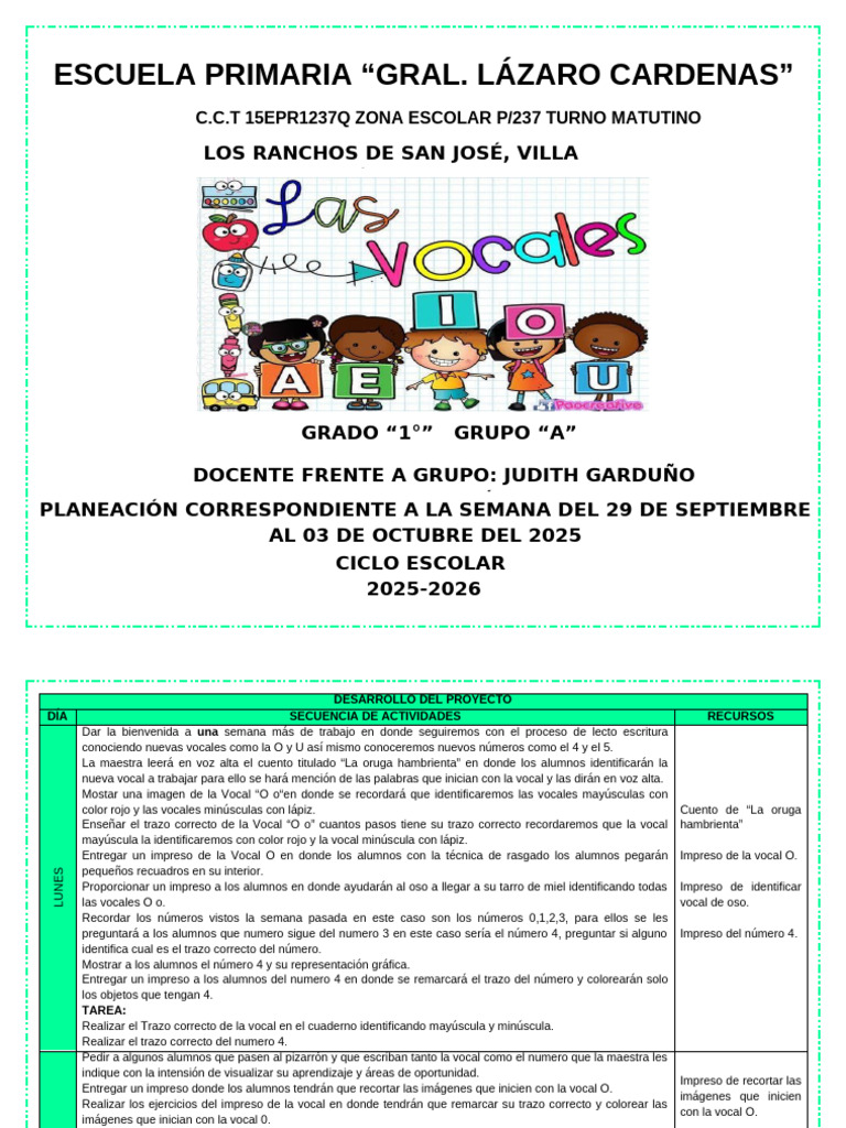 Planeación Vocal o y U Numeros 4, 5 A | PDF | Voz humana | Ortografía