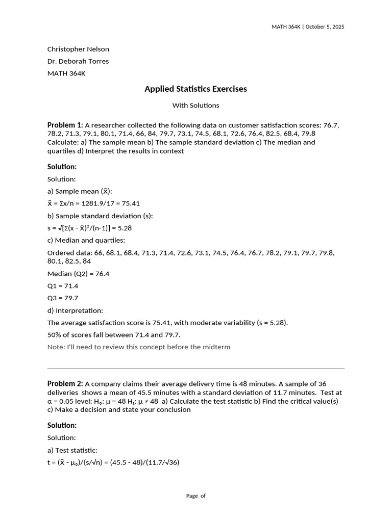 Applied Statistics Exercises with Solutions | PDF | Data Analysis ...