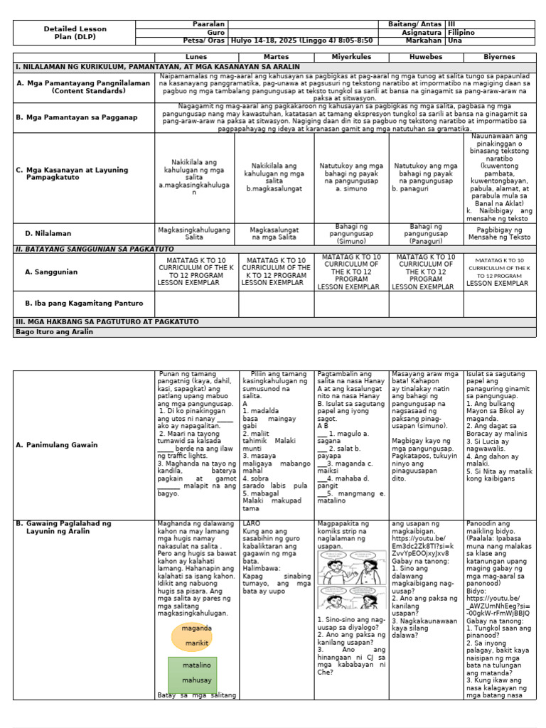 q1 Filipino DLL Week 5 New Template | PDF