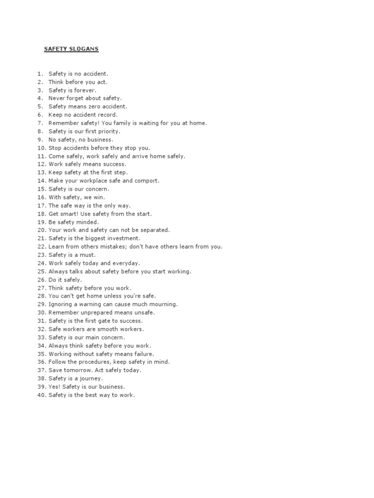 Importance of Safety Procedures Slogans | PDF | Occupational Safety And ...