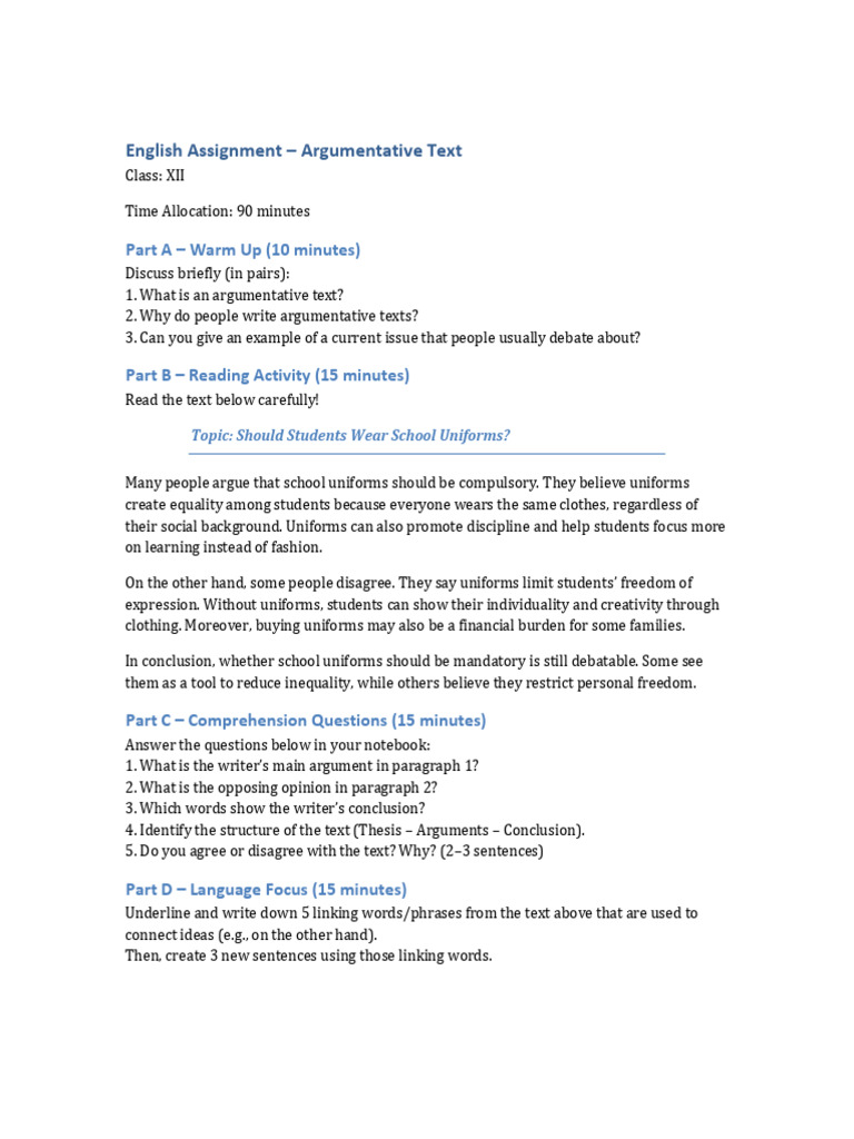 Argumentative Text Assignment Class XII | PDF