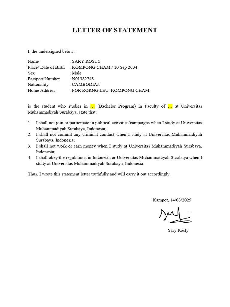 Letter of Statement Sary Rosty | PDF