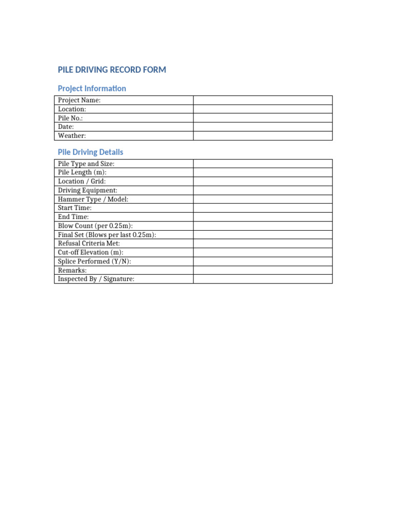 Pile Driving Record Form Template | PDF