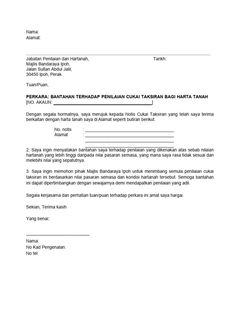 Contoh Surat Bantahan Cukai Taksiran Edited | PDF
