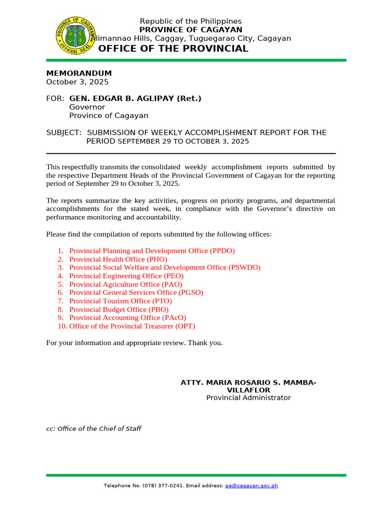 Memo Transmittal For The Weekly Accomplishments | PDF