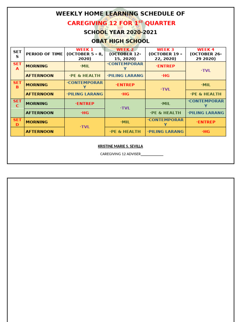 Weekly Home Sched. of Caregiving 12 | PDF
