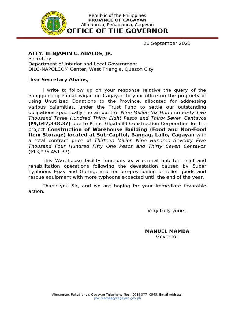 Letter To DILG Re Urgent FF Up On Warehouse | PDF