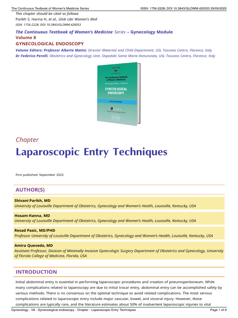Gynecology V8 Gynecological Endoscopy Chapter Laparoscopic Entry Techniques 1759181679 | PDF ...
