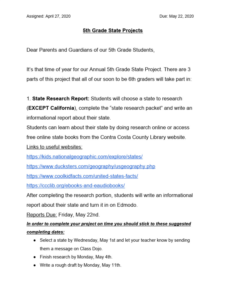 5th Grade State Project Guidelines | PDF | California