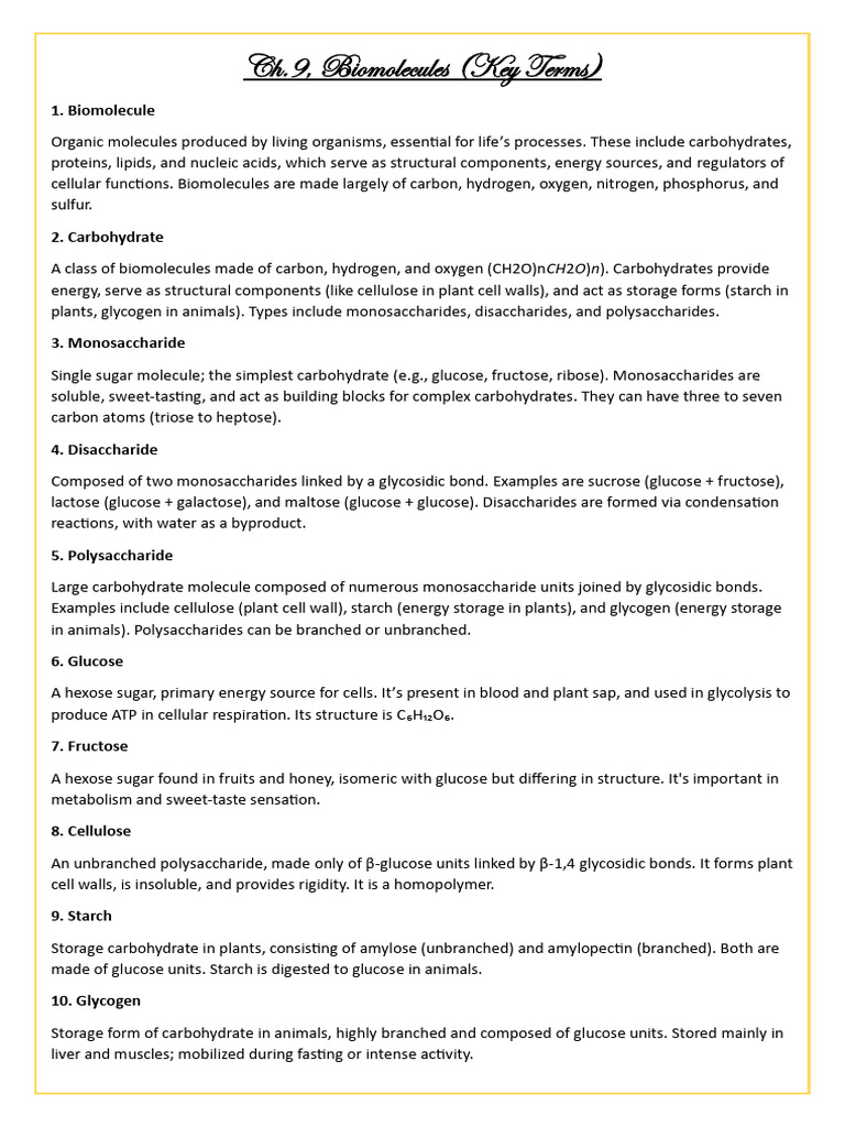 Ch.9, Biomolecules (Key Terms) | PDF | Carbohydrates | Nucleotides