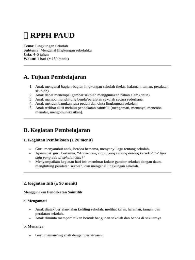 RPPH PAUD: Mengenal Lingkungan Sekolah | PDF
